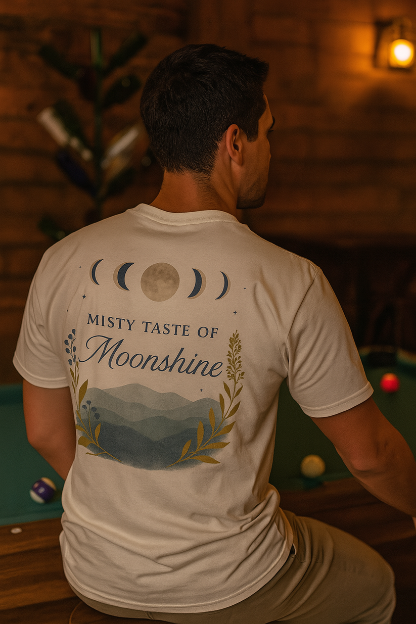 Misty taste of Moonshine, Country Roads WV, Moon phases t shirt in bea – Cobalt Threads